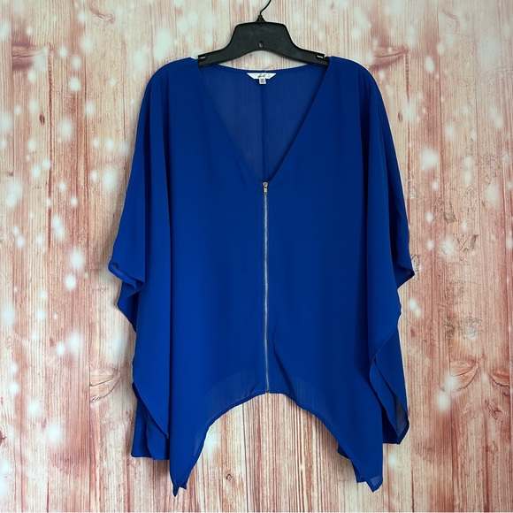 Norah | Tops | Norah Cobalt Blue Batwing Cape Sleeve Sheer Zip Front ...